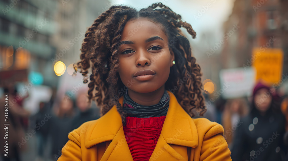 Portrait of a black woman at a street demonstration holding a banner ...