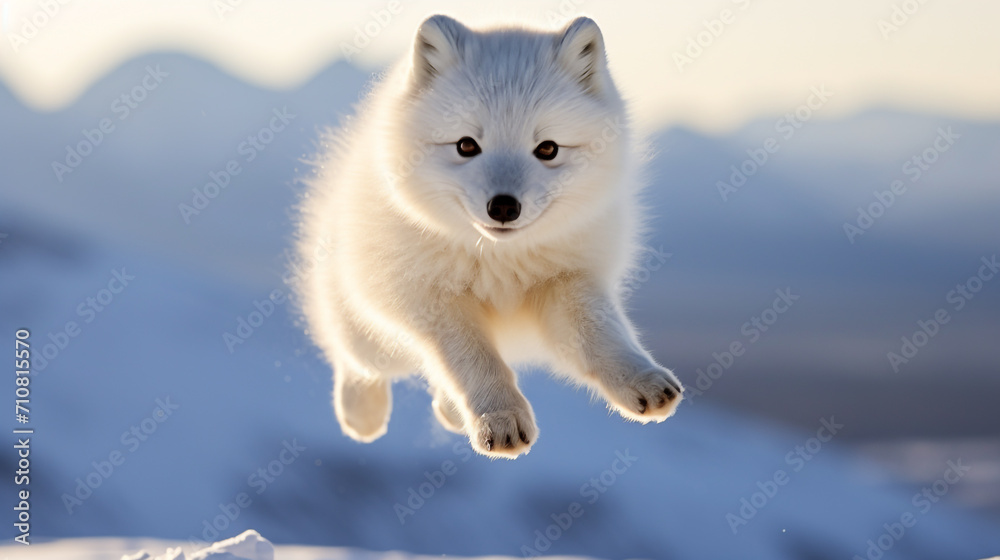 Arctic fox (Vulpes lagopus) jumping in the air Stock Photo | Adobe Stock