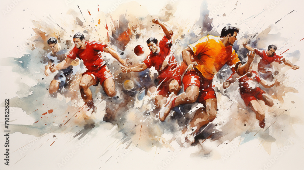 Watercolor Sports Scene, Action-packed watercolor depiction of sports ...