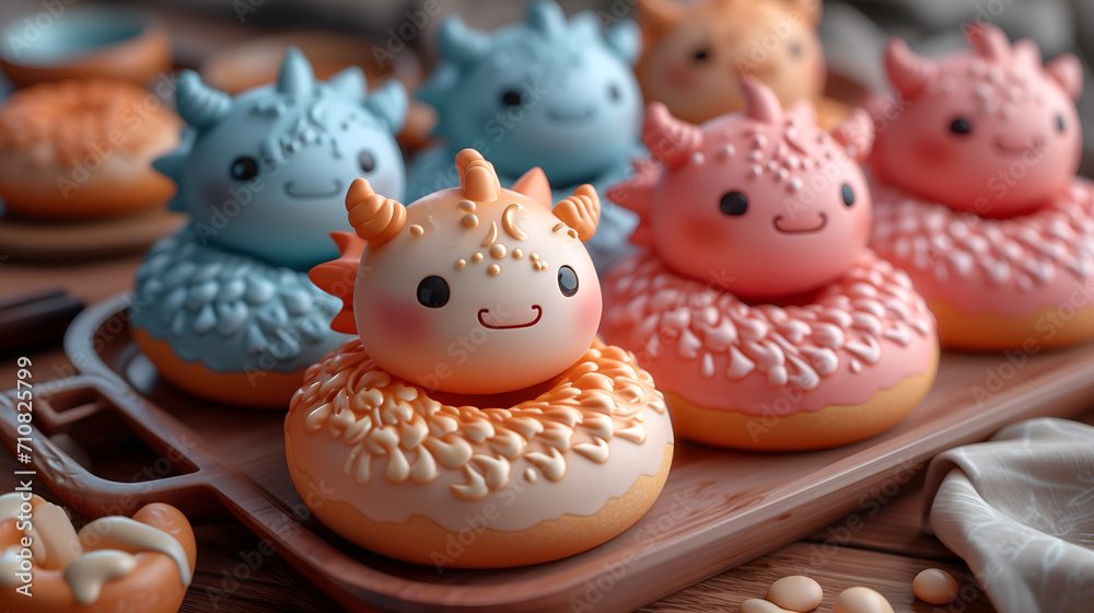 Dragons Donuts. Top view of assorted glazed donuts with dragons ...