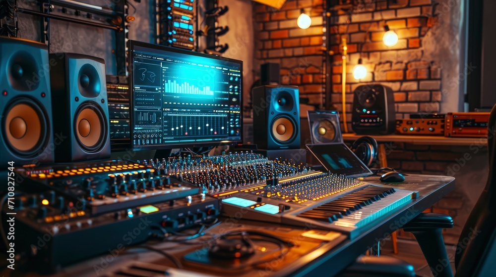 Imagine a visually captivating scene in a modern music record studio ...