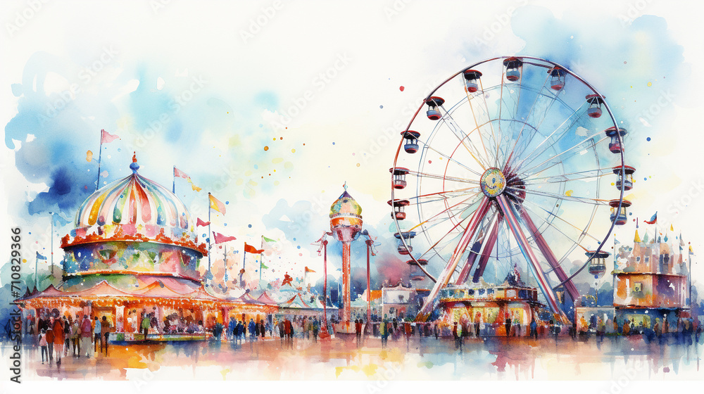 Vibrant Watercolor Carnival Scene, Lively and colorful carnival scene ...