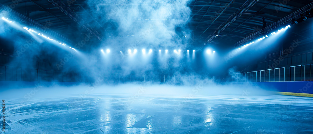 Blue Ice Rink Background. Professional Arena illuminated neon lights ...