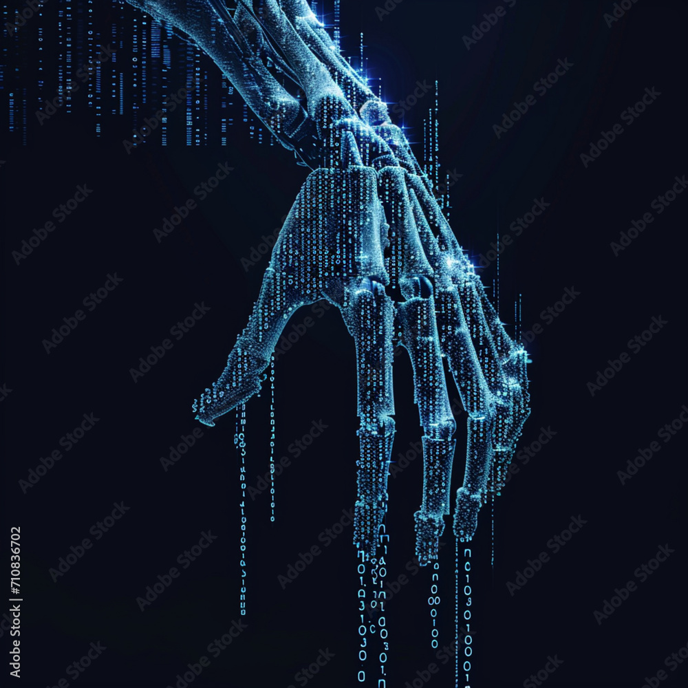 A digital, 3D model of a skeletal hand composed of binary code in blue ...