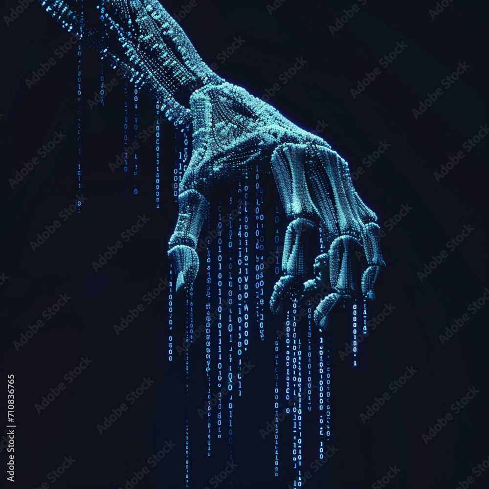 A digital, 3D model of a skeletal hand composed of binary code in blue ...