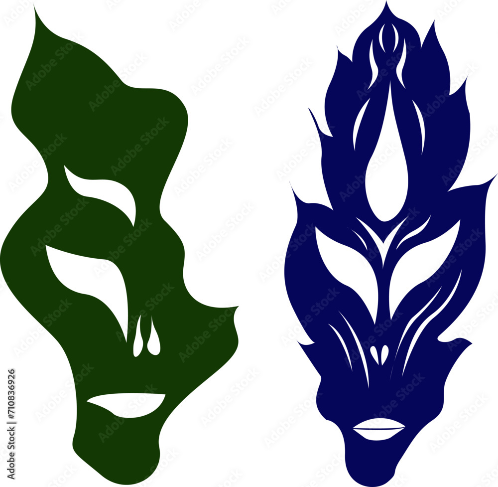 Vector masks. Traditional masks with human faces - shamans, indigenous ...