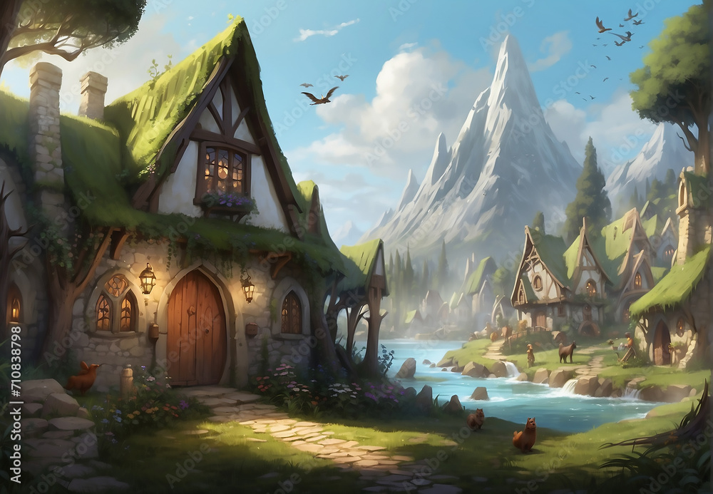 Elven village with woodland creatures, wizards, and magic visual ...