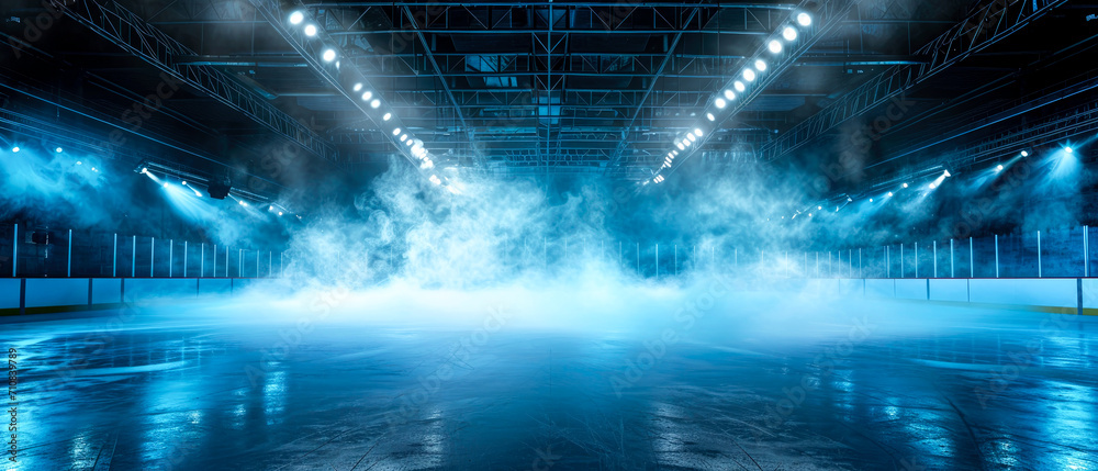 Blue Ice Rink Background. Professional Arena illuminated neon lights ...