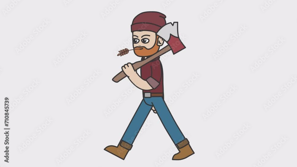 2d animation of walking white male lumberjack holding an ax. Looped 4K ...