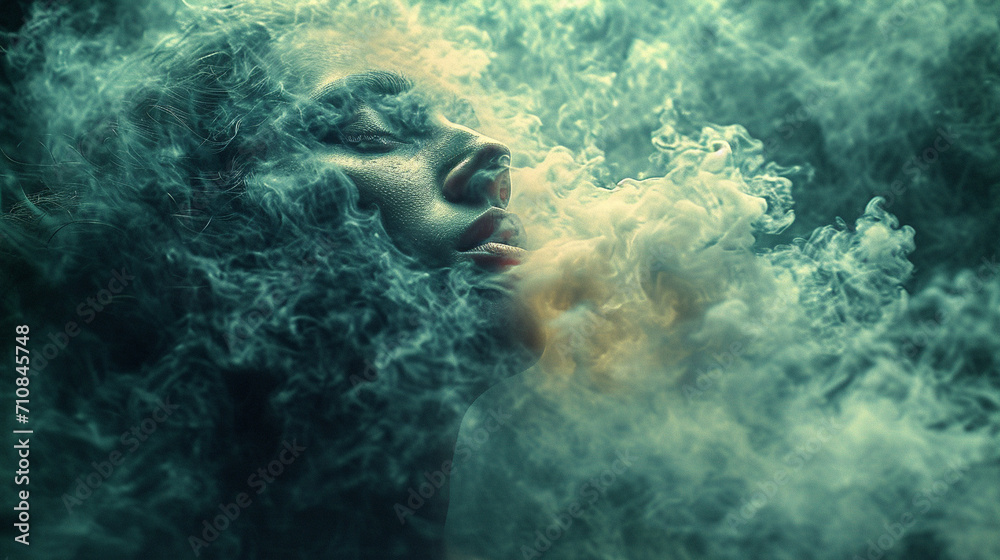 An artistically enhanced photograph of a person exhaling vapor, the ...