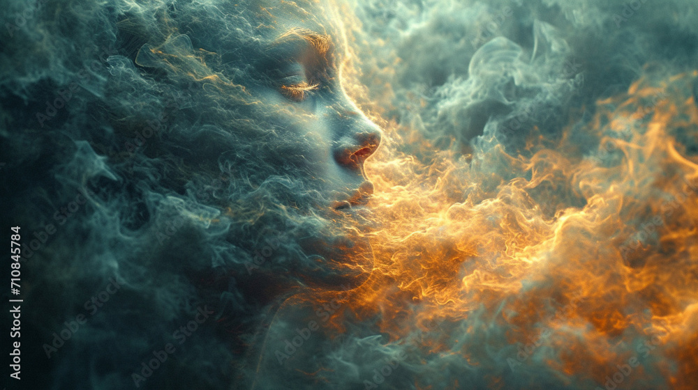 An artistically enhanced photograph of a person exhaling vapor, the ...