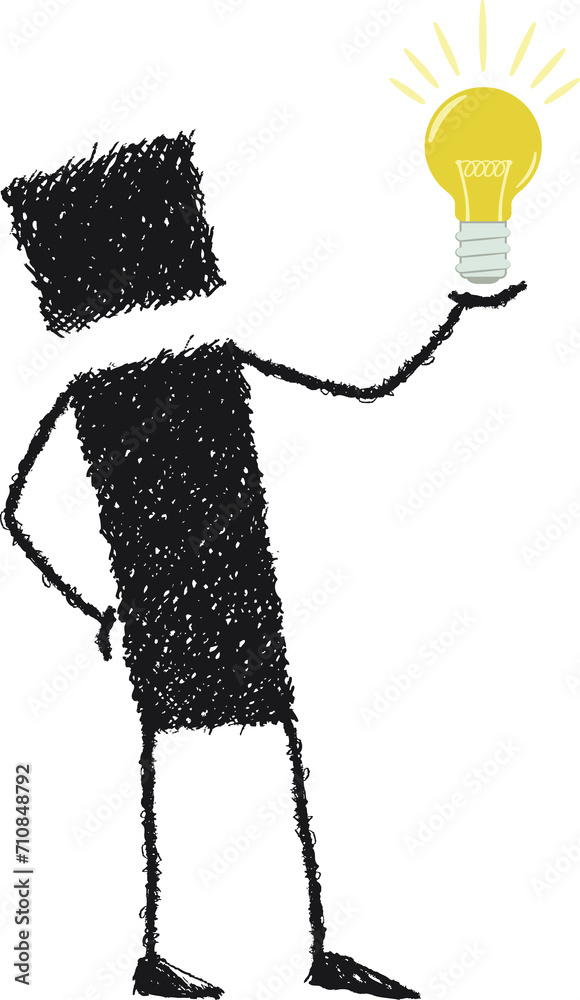 Idea, stick figure. A stick figure holding a light bulb in hand. He has ...