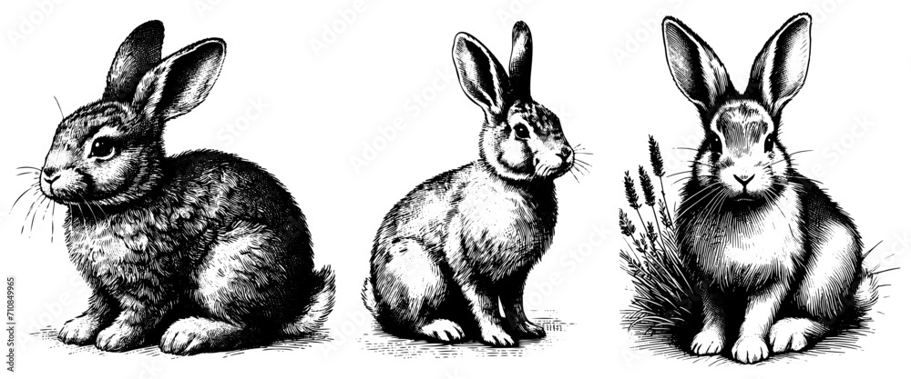 Wild bunny sketch. Sketched rabbit or hare retro etch, antique ...