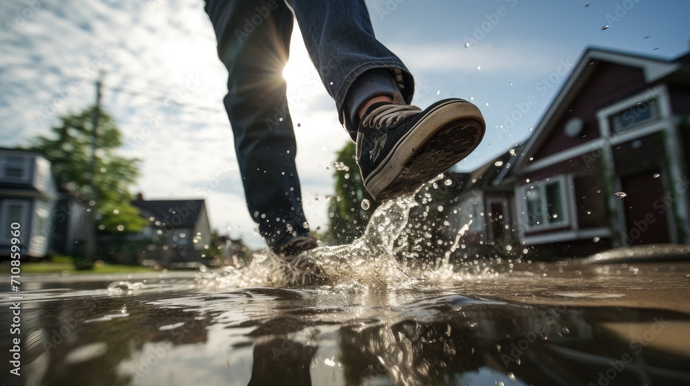 the action of a child jumping into a puddle or running through the rain ...