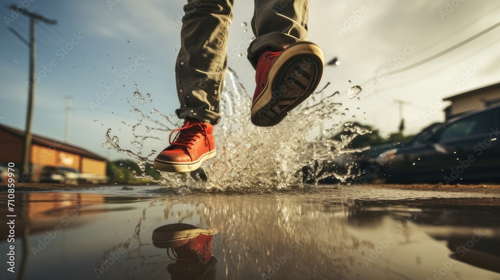 the action of a child jumping into a puddle or running through the rain ...