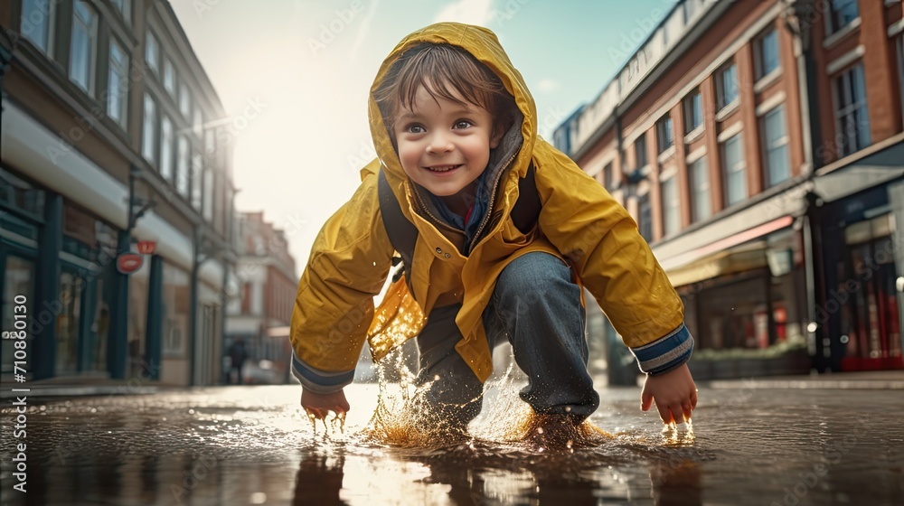 the action of a child jumping into a puddle or running through the rain ...