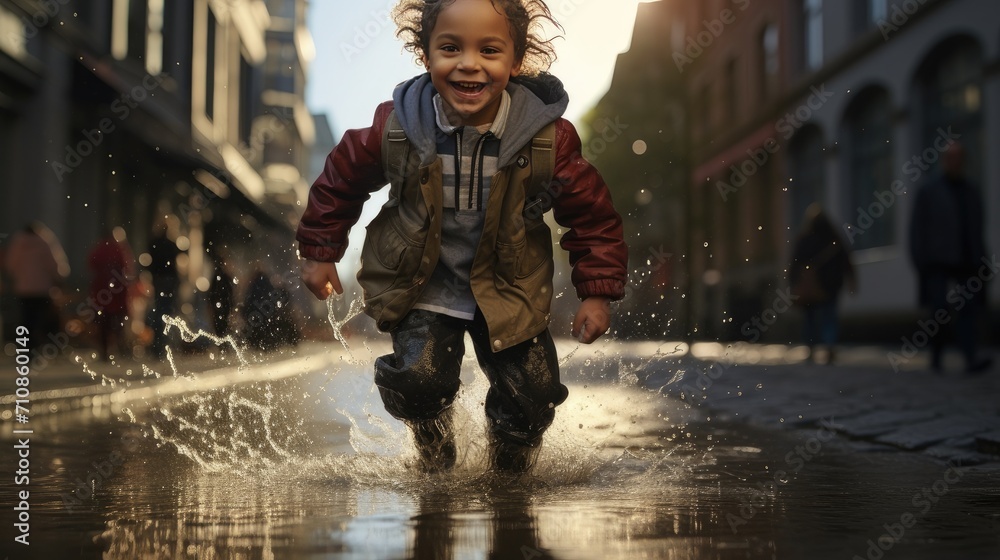 the action of a child jumping into a puddle or running through the rain ...