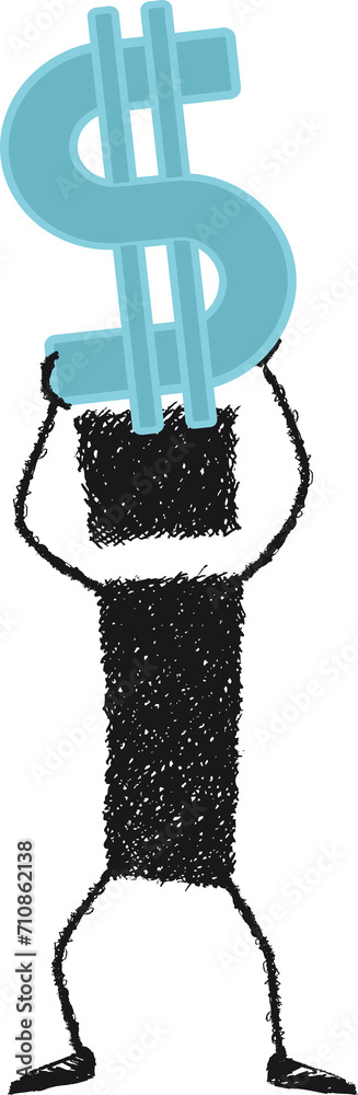 Winner with dollar symbol, stick figure. A stick figure raises above ...