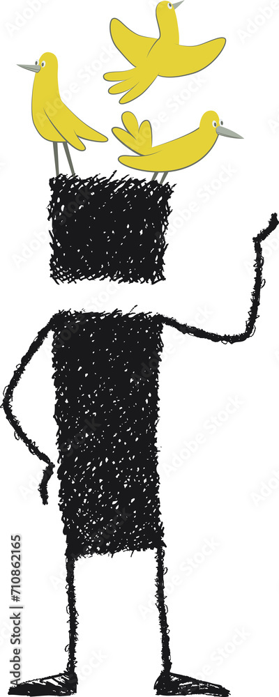 Having birds in the head, stick figure. A stick figure is standing. On ...