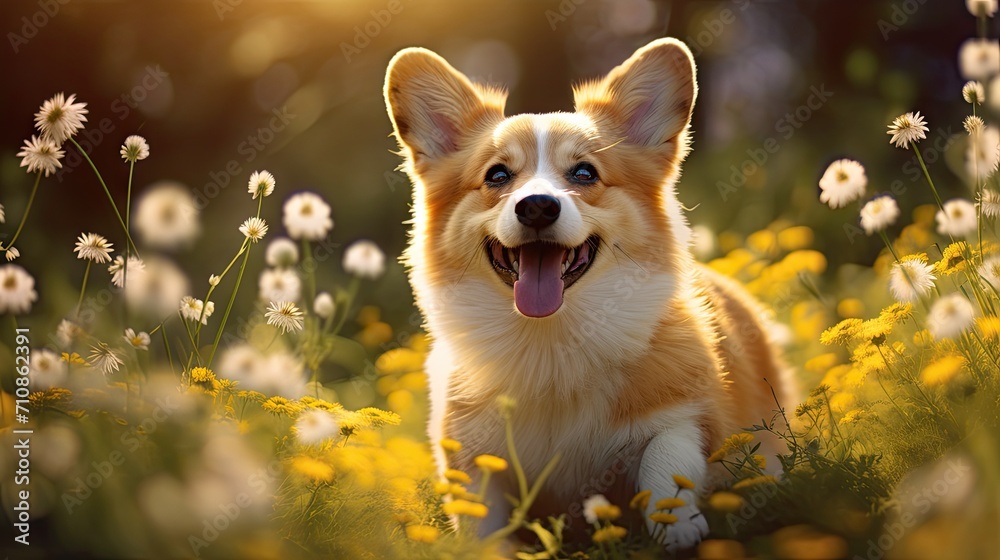 Pure joy in spring: A happy corgi dog sits in a field of dandelions ...