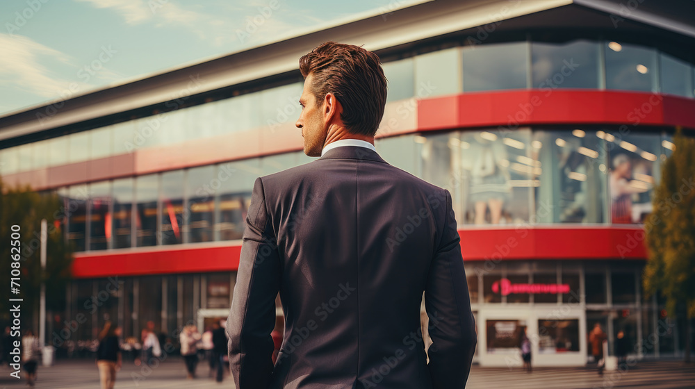 Full back view of successful business man owner in suit standing in ...