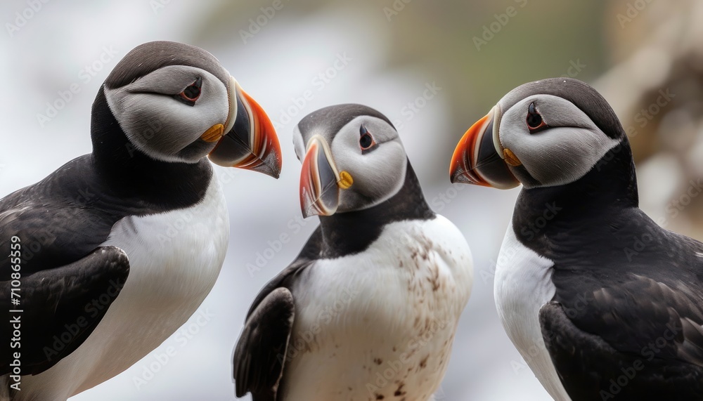 Three puffins on skomer island gathered in a huddle, rare species ...