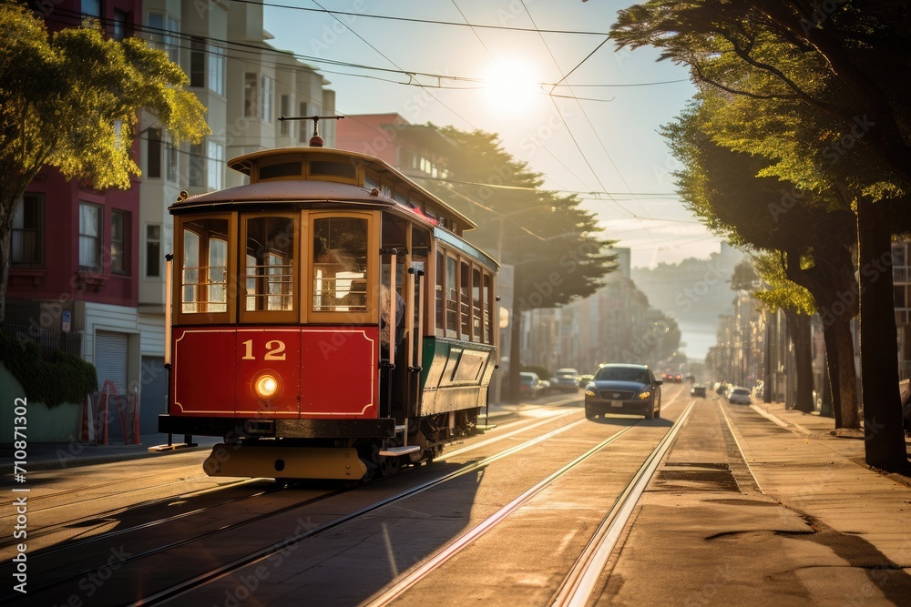 A red trolley car makes its way down a street lined with towering ...
