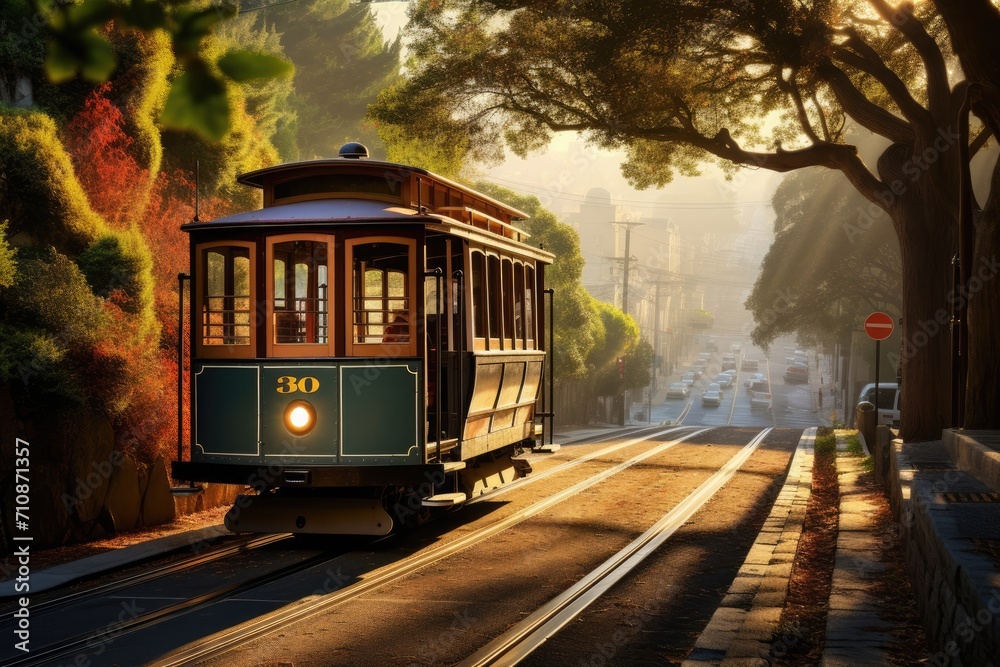 A trolley car is seen traveling down a street lined with tall trees on ...