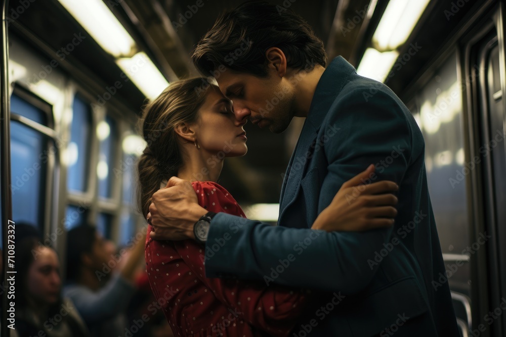 Embracing Couple on Train, Intimate Moment of Connection and Affection, An unexpected romantic ...