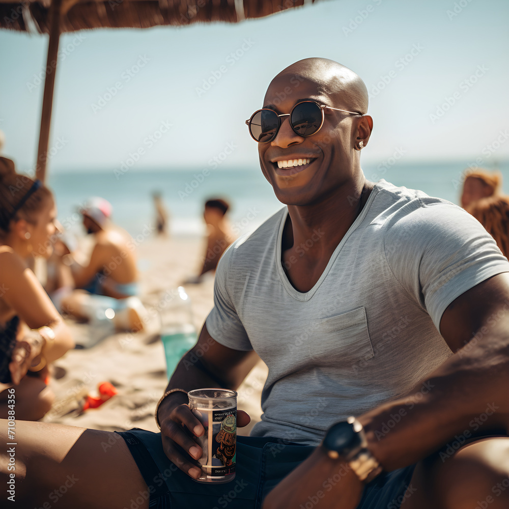 40 years old good looking, fit black man having a great time on a beach ...