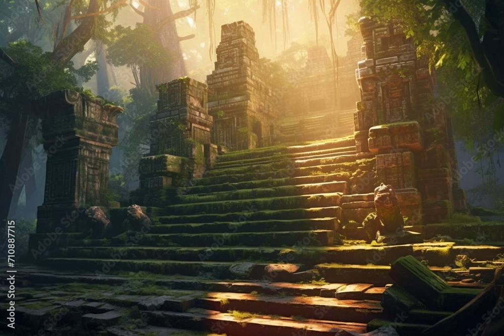 Sunlit ancient temple ruins in jungle, moss-covered stone, root-covered ...