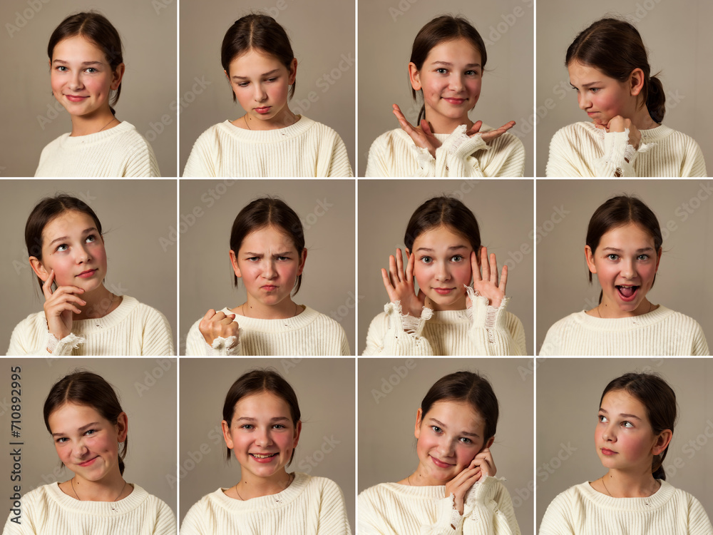 Different facial expressions collage set portraits of teen cover girl ... Different facial expressions collage set portraits of teen cover girl ...