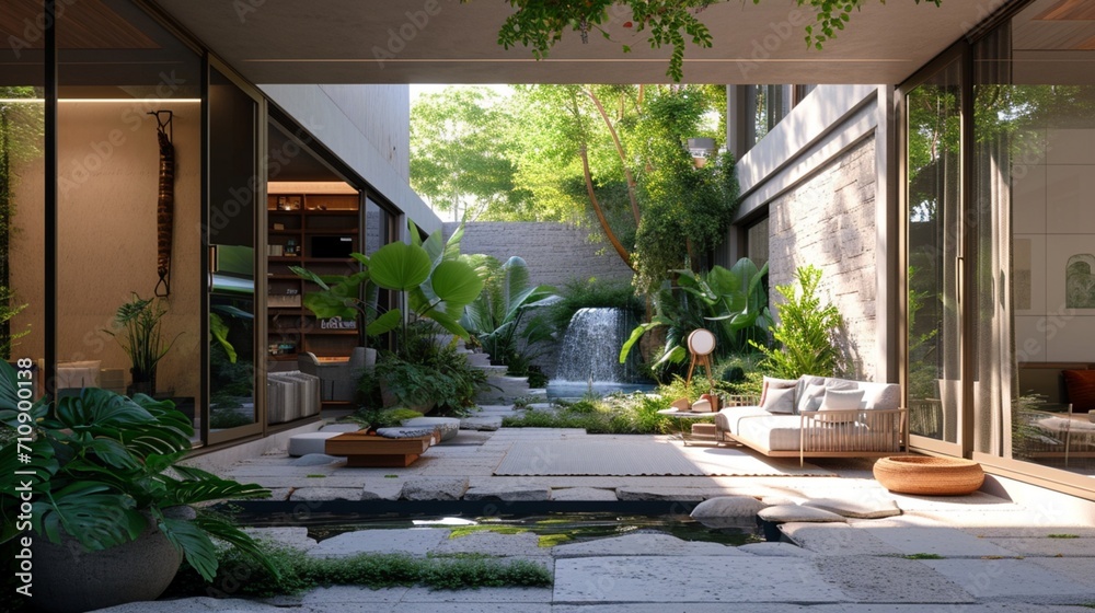 A hidden courtyard oasis accessible through sliding glass doors ...