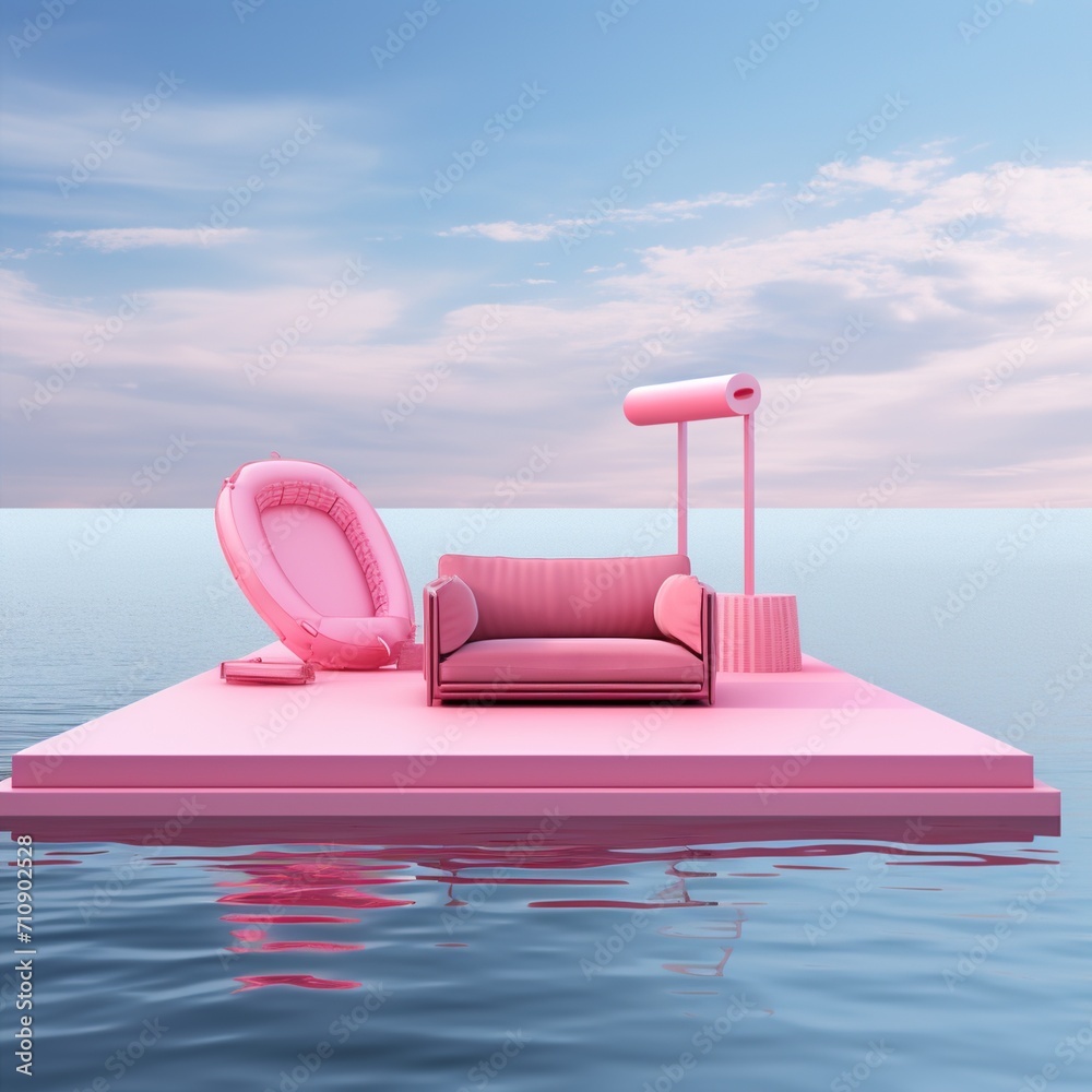 Pink surreal floating island with sofa and lifebuoy in the middle of ...