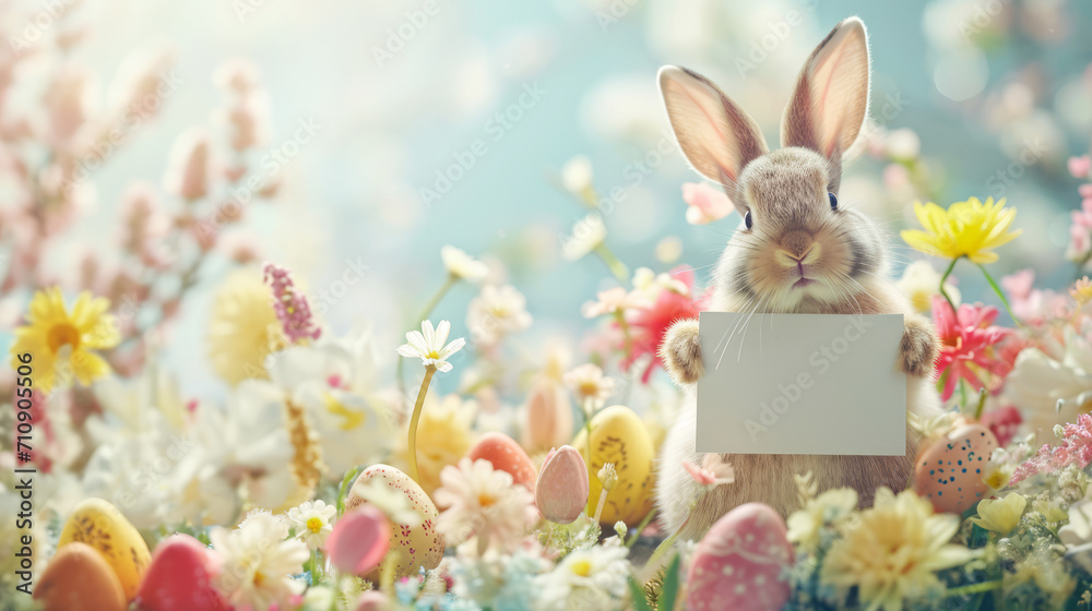 Cute Easter banner in soft pastel colors. A charming bunny holding a ...
