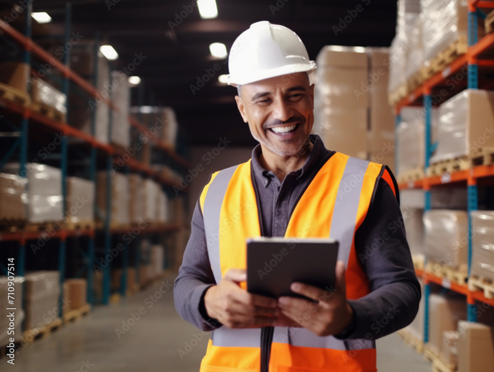 Professional manager man employee smile using tablet check stock ...