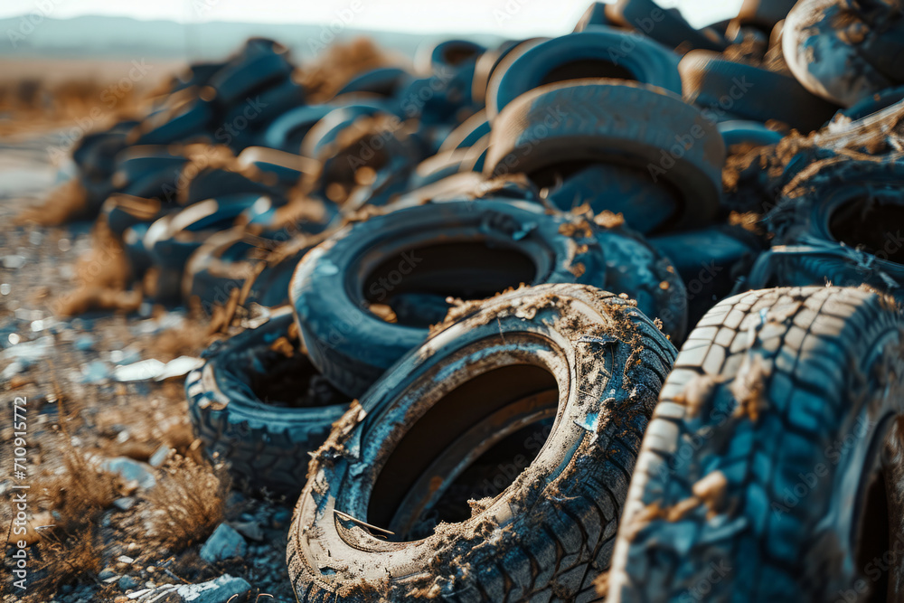 Landfill for recycling worn-out car tires. Stacked old using tires on ...