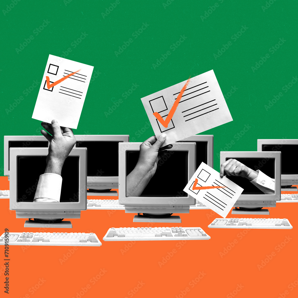 Online voting system and analytics. Human hands with ballot papers with ...