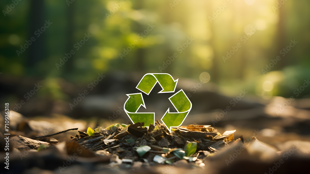 Recycling symbol in a forest in nature at sunset. Environment ...