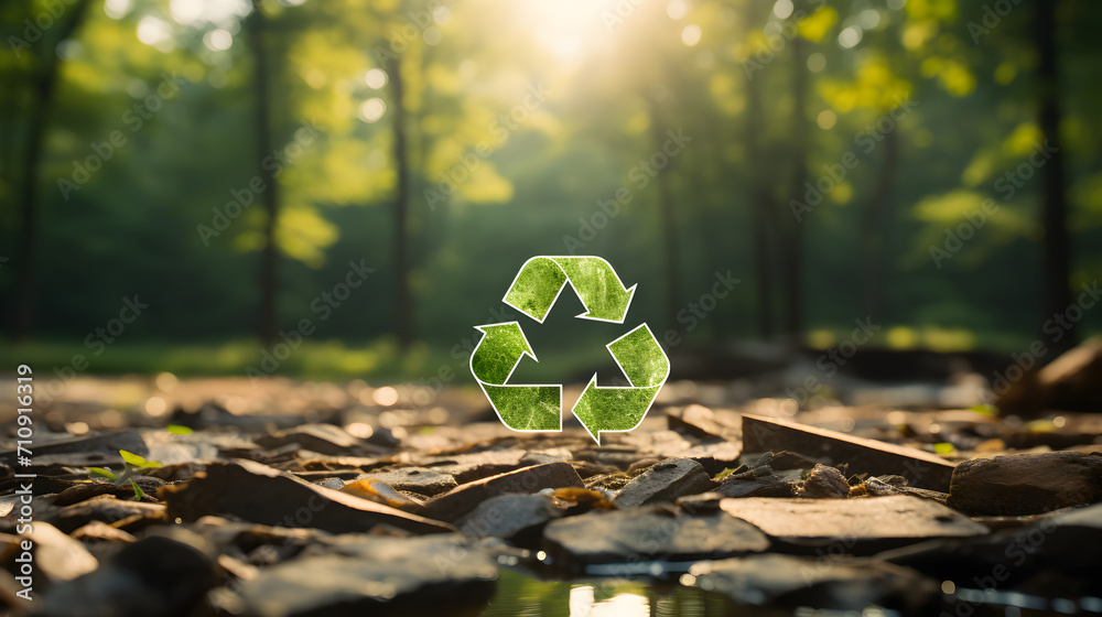 Recycling symbol in a forest in nature at sunset. Environment ...