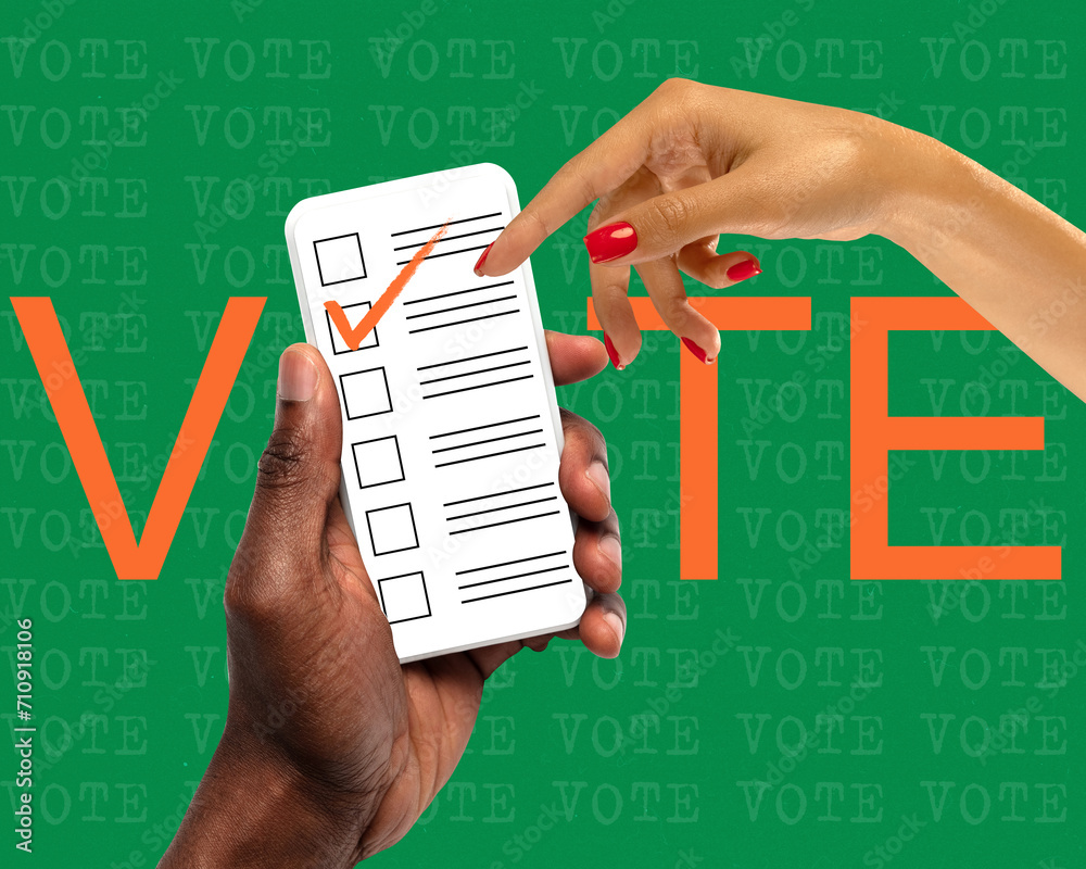 Online voting system. Human hand holding phone with ballot paper on ...