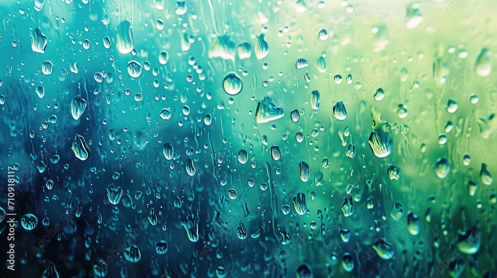 Close-up of numerous raindrops on a surface with a gradient of colors ...