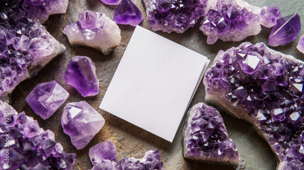 Purple Amethyst crystals luxury background with a blank white mock-up ...