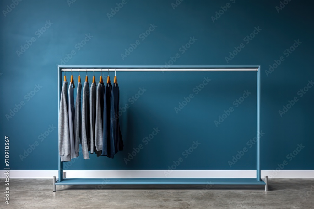 minimal rack with blue color palette male clothes on hangers. Open ...