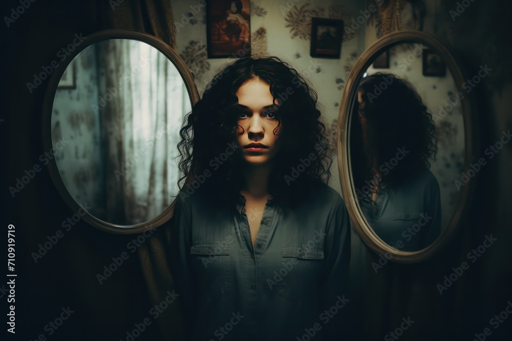 woman with multiple personality disorder looking reflected in the ...