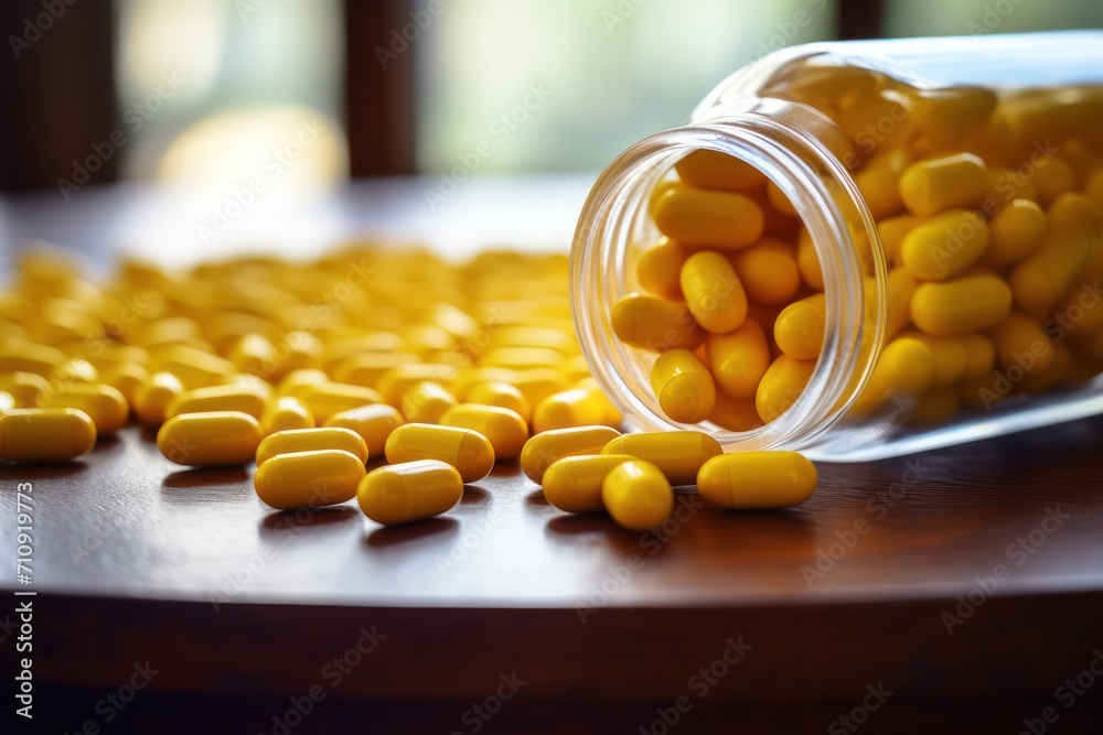 yellow capsule pills falling on minimal counter or table pharmacy ...