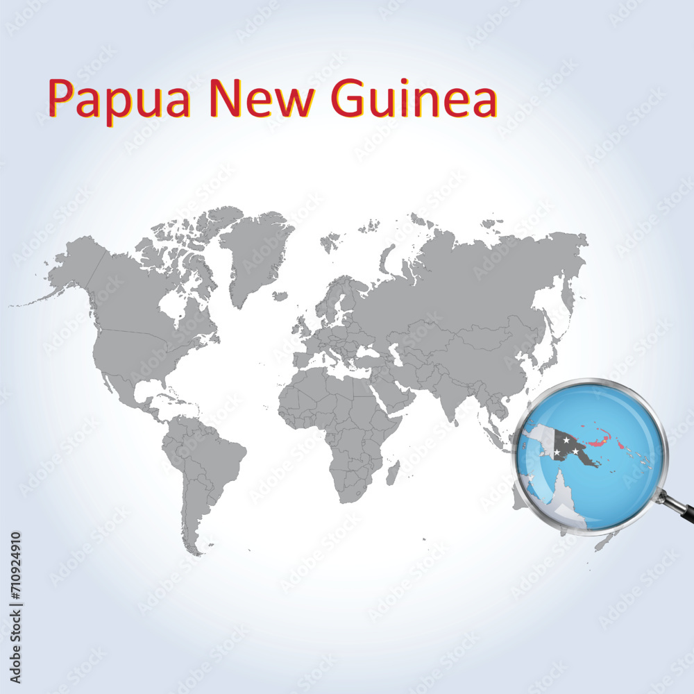 Magnified map Papua New Guinea with the flag of Papua New Guinea ...