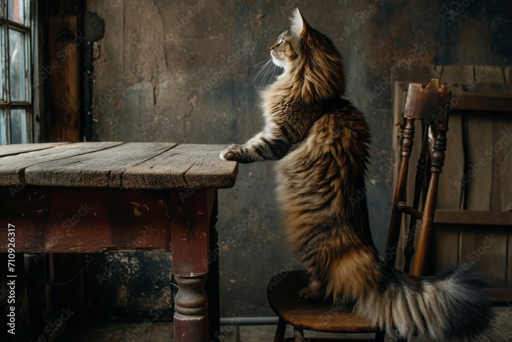 Foto de American longhaired Maine Coon cat stands with his hind legs on ...