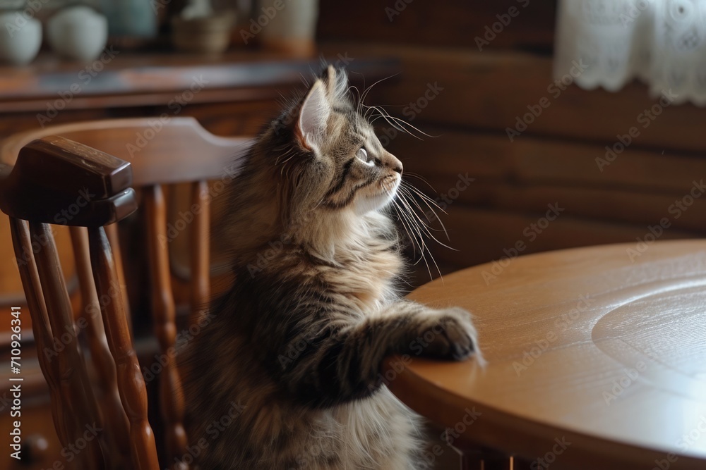 American longhaired Maine Coon cat stands with his hind legs on a chair ...