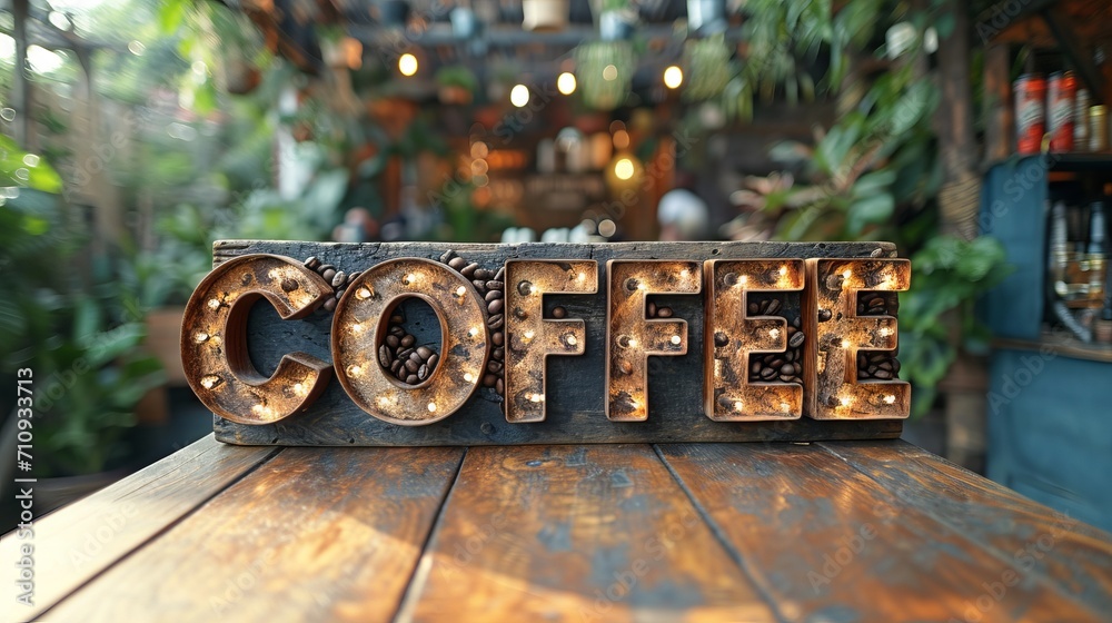An illuminated "coffee" lettering, similar to a neon sign, sits on a ...